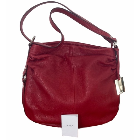 Furla | Bags | Furla Red Pebbled Leather Hobo Bag Tote Shoulder Purse ...